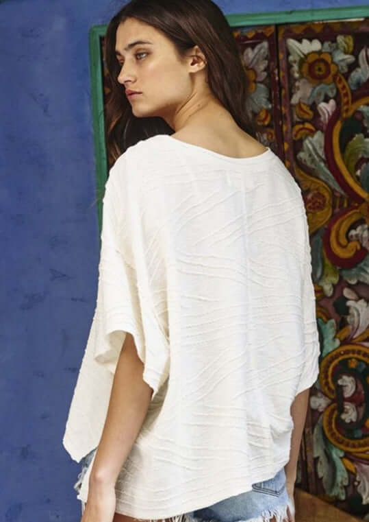 Bucket List V-Neck Boxy Textured Cream Oversized Top Made in USA