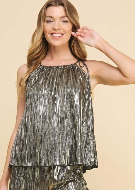 Women's Loose Fit Metallic Foiled Gunmetal Halter Top
