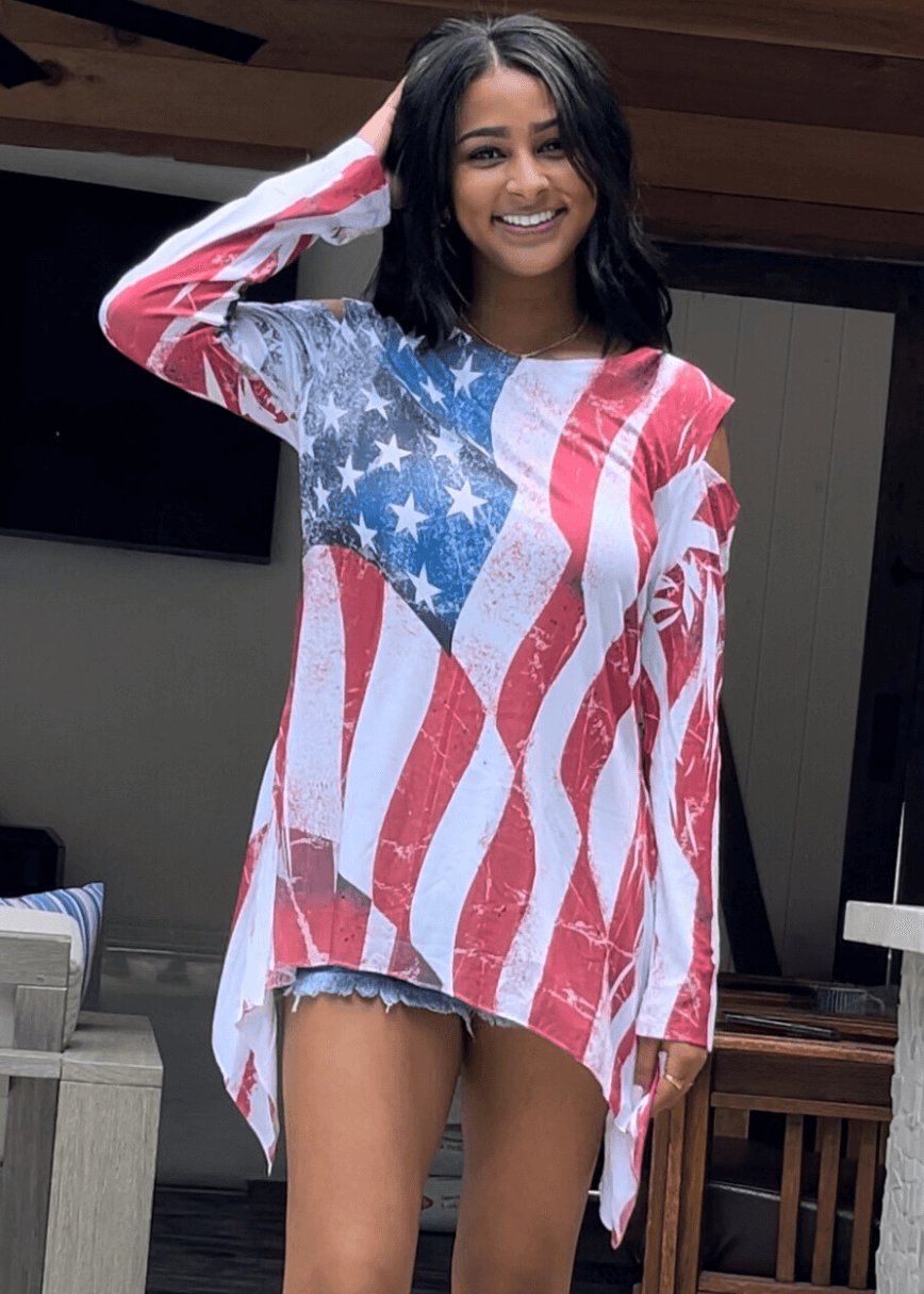 USA Made Women's Patriotic American Flag Cold Shoulder Tunic