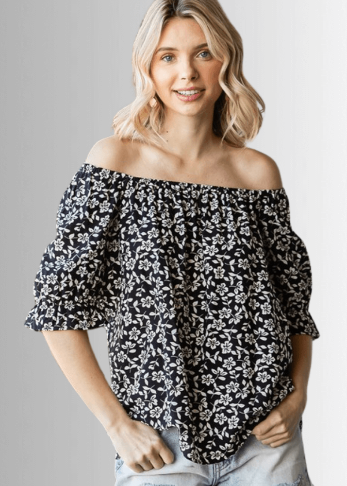 Ladies Off the Shoulder Floral Top with Ruffled Neckline & Tie Front ...