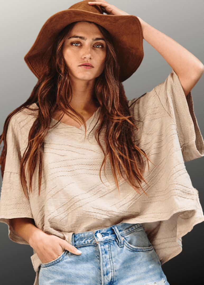Bucket List V-Neck Boxy Textured Cream Oversized Top Made in USA