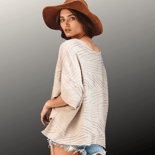 Bucket List V-Neck Boxy Textured Cream Oversized Top Made in USA