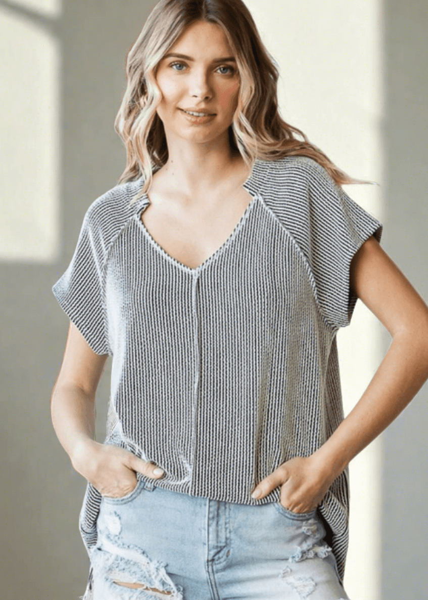 Cute V-Neck Ribbed Top Made in USA